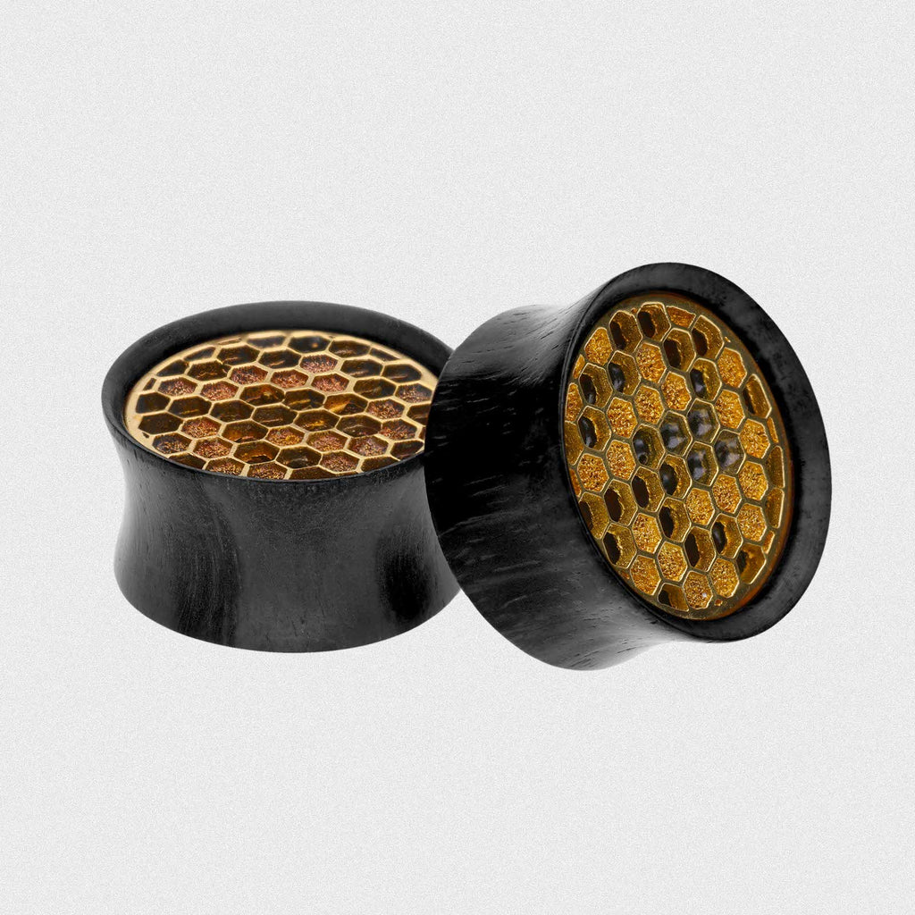Areng Wood Double Flare Plug with Brass Honeycomb Inlay | SIBJ