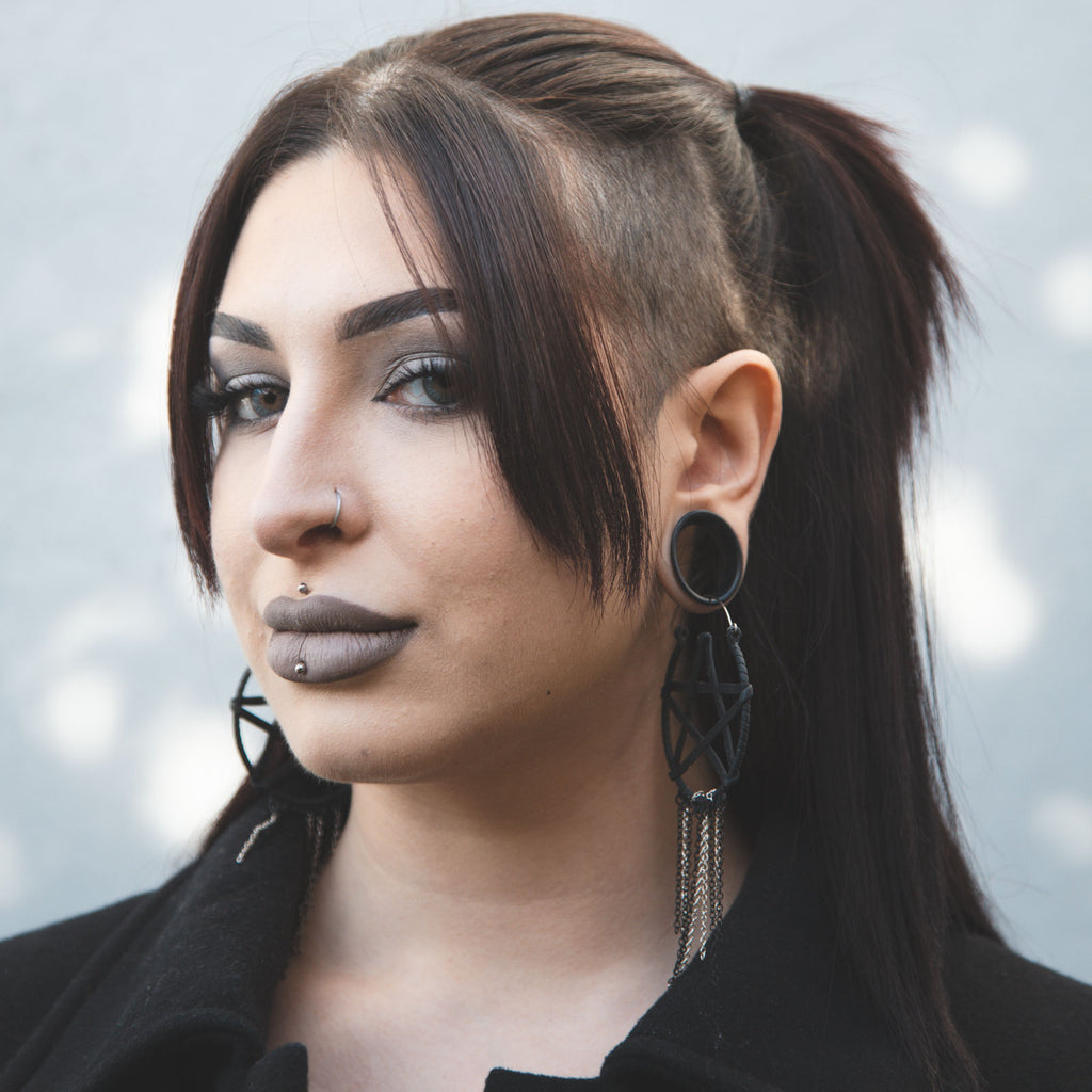 Pentagram With Dangle Chains Black PVD Plug Hoops | SIBJ – Stretch It ...