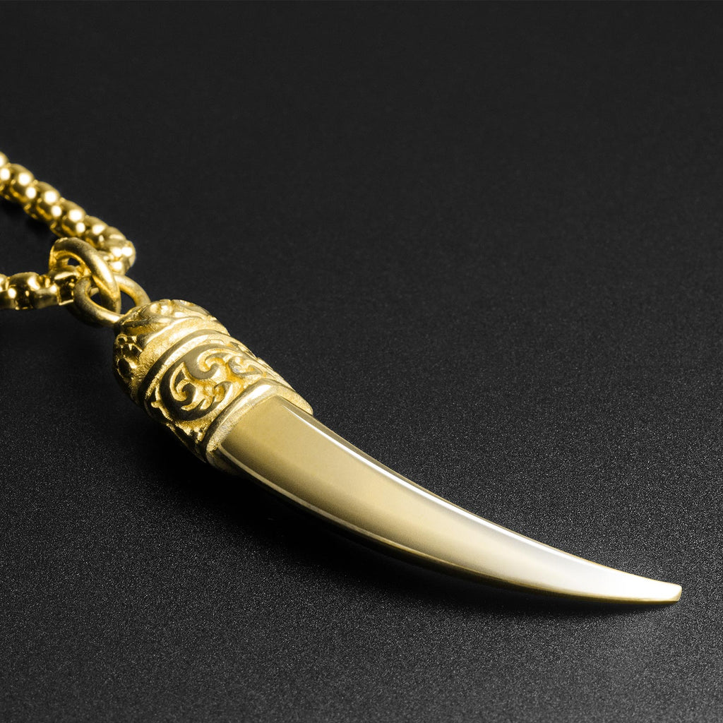 Saber Tooth Brass Pendant With 18k Gold Box Chain | Brass Necklace